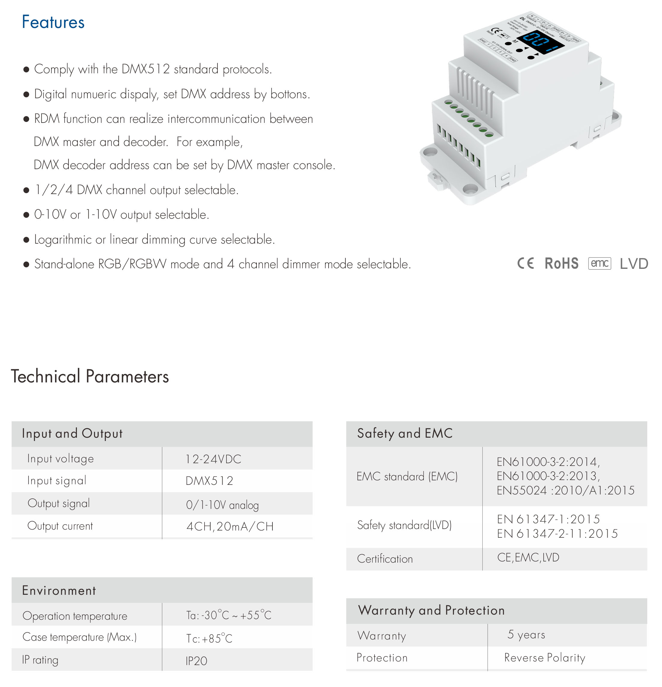 DMX512 to 4CH 0/1-10V Decoder DL