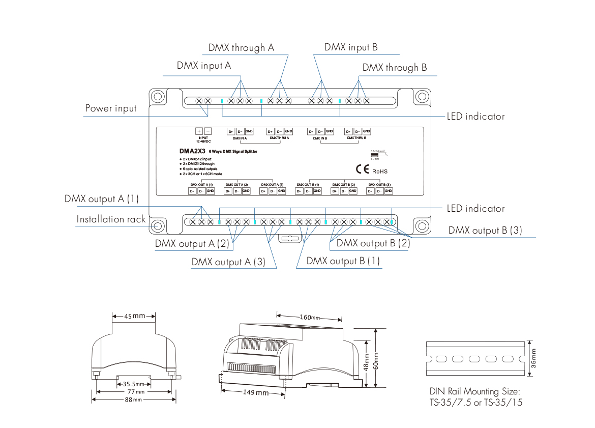 12-48VDC 6 Ways DMX Signal Splitter DMA2X3