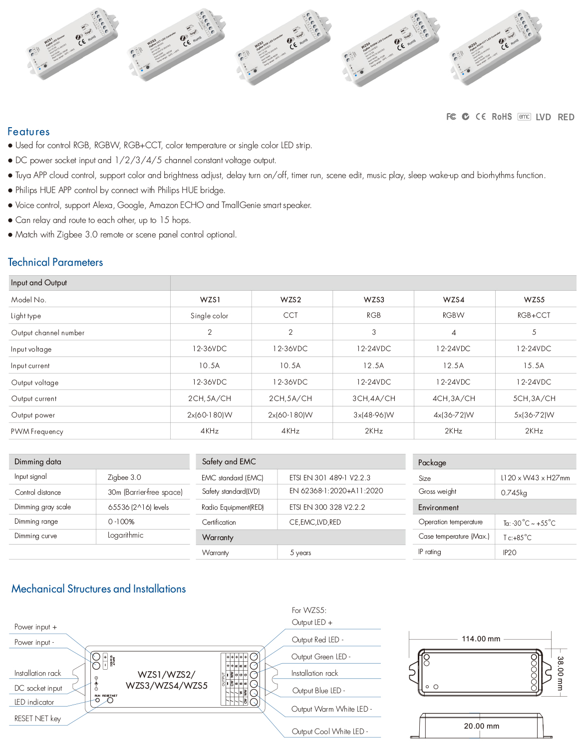 12-24VDC 5CH*3A Zigbee RGB+CCT LED Controller WZS5